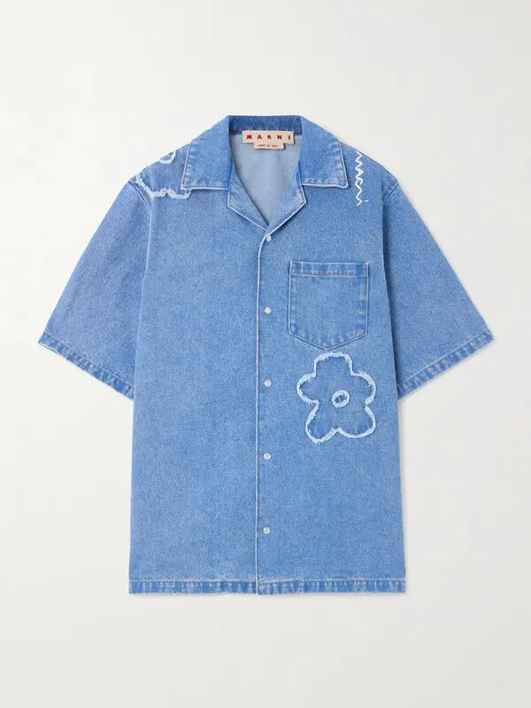 Marni Embroidered Frayed Denim Shirt