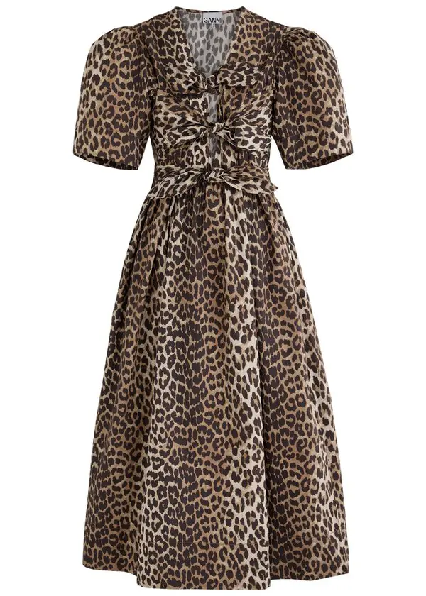 GANNI Print Belted Cotton Midi Dress - Leopard