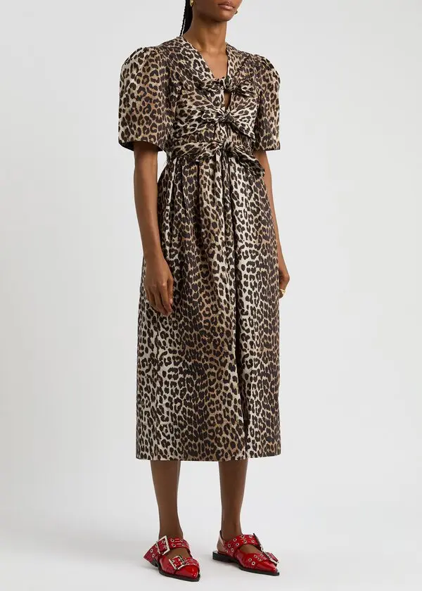 GANNI Print Belted Cotton Midi Dress - Leopard