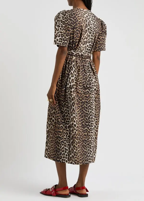 GANNI Print Belted Cotton Midi Dress - Leopard