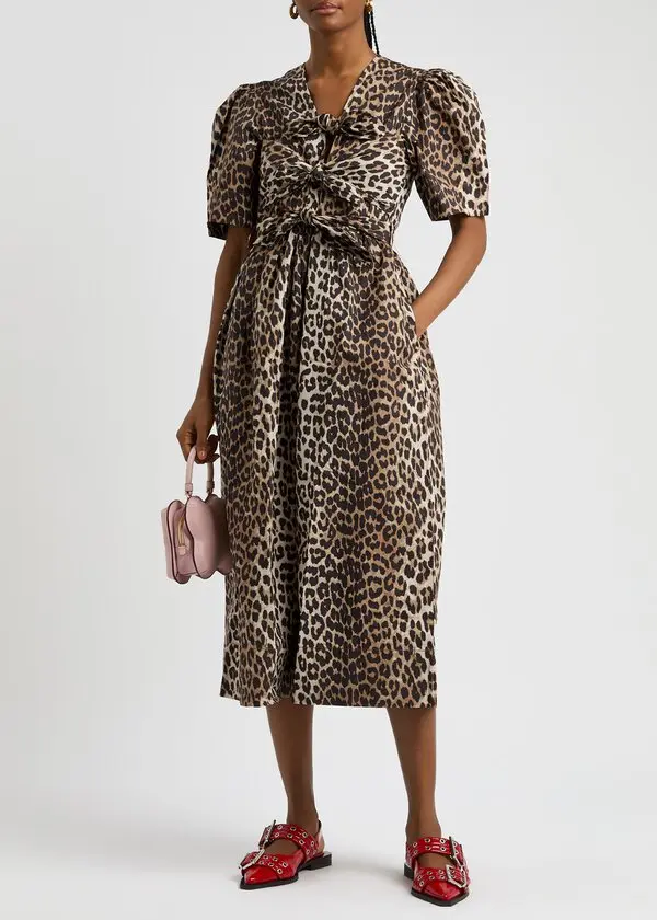 GANNI Print Belted Cotton Midi Dress - Leopard