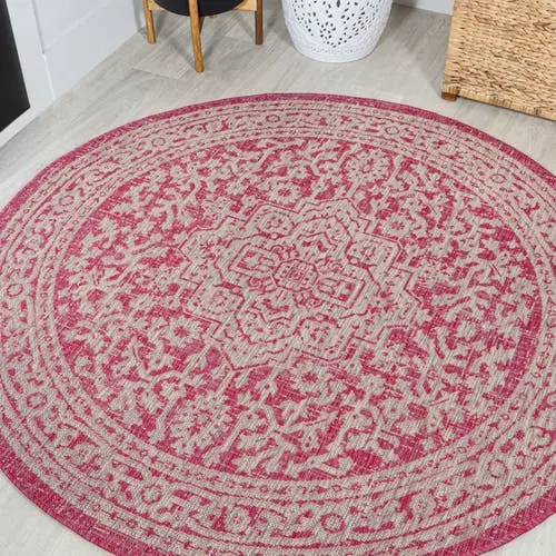 JONATHAN Y Sinjuri Medallion Textured Weave Indoor/outdoor Round Area Rug - Fuchsia/light Gray