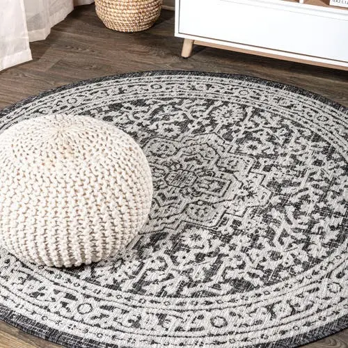 JONATHAN Y Sinjuri Medallion Textured Weave Indoor/outdoor Round Area Rug - Gray/black