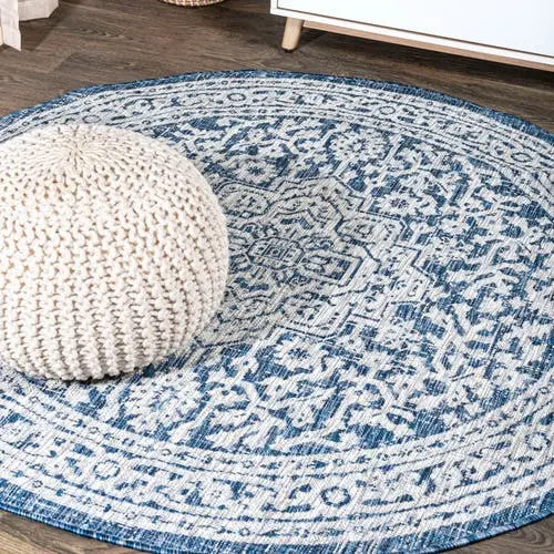 JONATHAN Y Sinjuri Medallion Textured Weave Indoor/outdoor Round Area Rug - Navy/gray