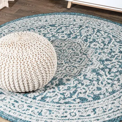 JONATHAN Y Sinjuri Medallion Textured Weave Indoor/outdoor Round Area Rug - Teal Blue/gray