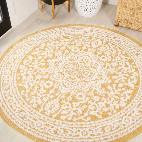 JONATHAN Y Sinjuri Medallion Textured Weave Indoor/outdoor Round Area Rug - Yellow/cream