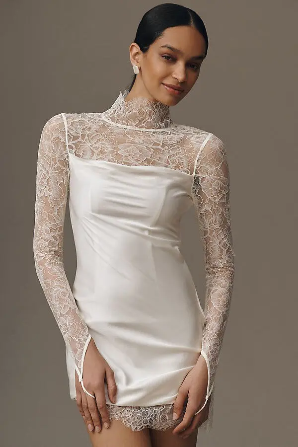 de la vali lace dress Croissant Long-sleeve Lace Mini Dress In White