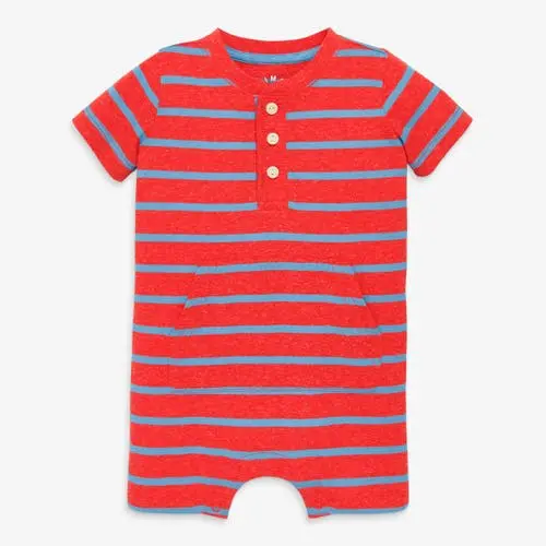 PRIMARY Baby Heathered Henley Striped Shortie Romper - Poppy Blueberry Stripe
