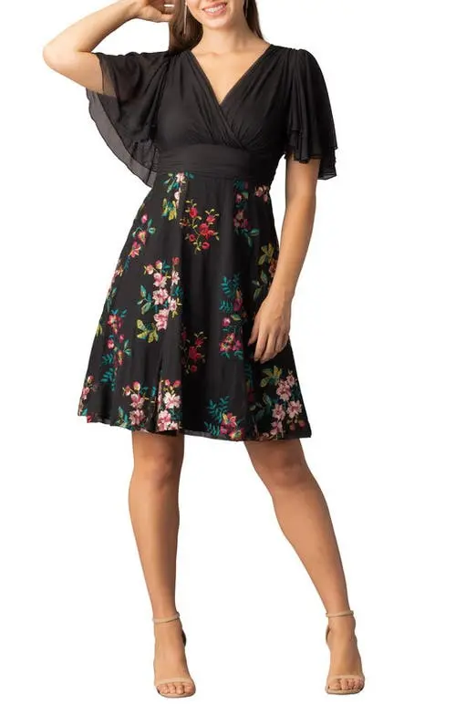 KIYONNA Lillian Embroidered Mesh Midi Cocktail Dress - Onyx