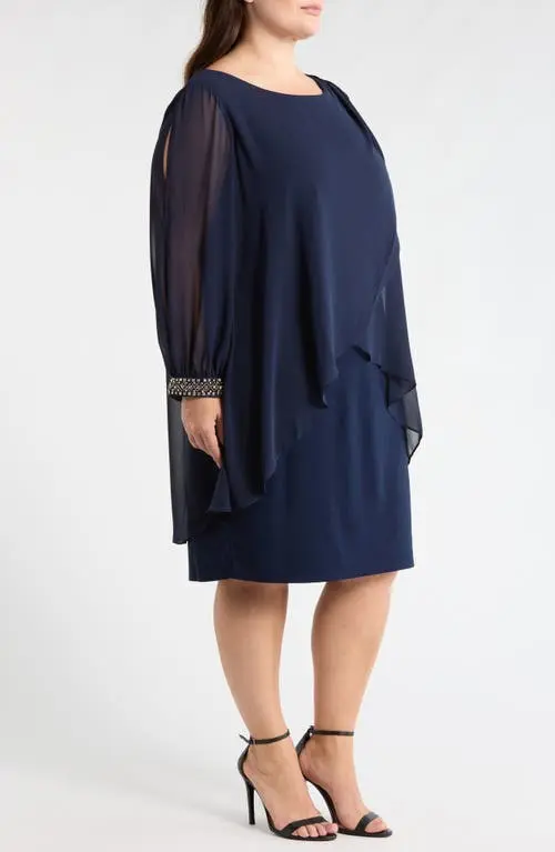 SL FASHIONS Beaded Overlay Long Sleeve Chiffon Cocktail Dress