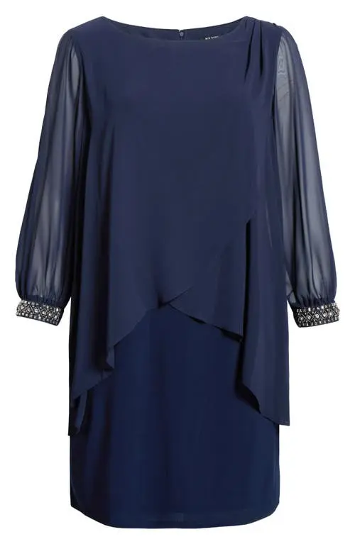 SL FASHIONS Beaded Overlay Long Sleeve Chiffon Cocktail Dress