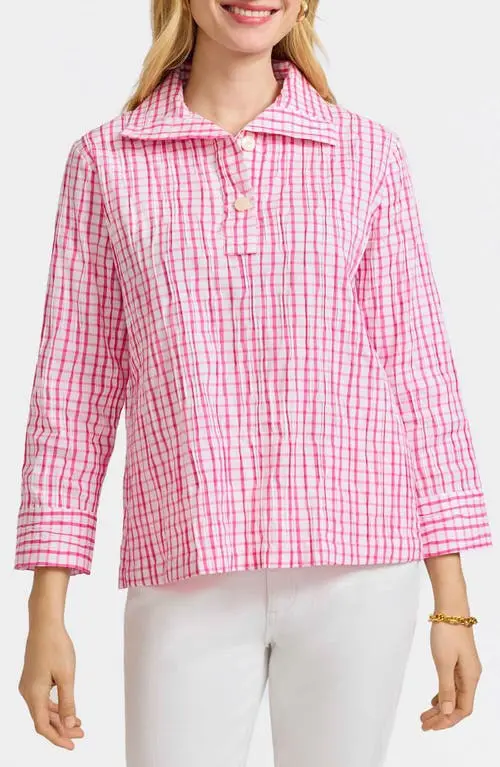 Foxcroft Sammy Check Crinkled Cotton Blend Top - White/ Bombshell Pink