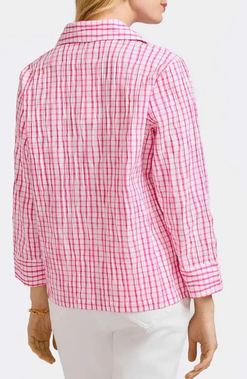 Foxcroft Sammy Check Crinkled Cotton Blend Top - White/ Bombshell Pink