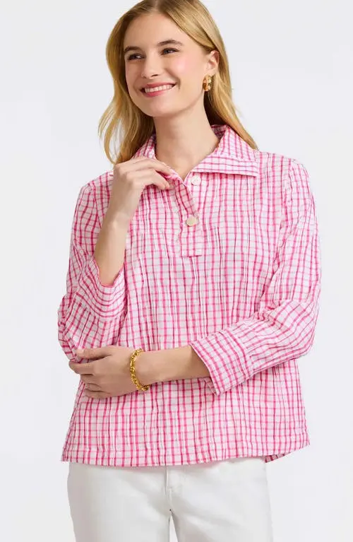 Foxcroft Sammy Check Crinkled Cotton Blend Top - White/ Bombshell Pink