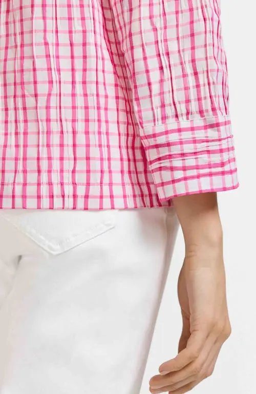 Foxcroft Sammy Check Crinkled Cotton Blend Top - White/ Bombshell Pink