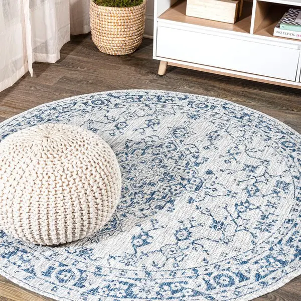 JONATHAN Y Rozetta Boho Medallion Textured Weave Indoor/outdoor Round Area Rug - Gray/navy
