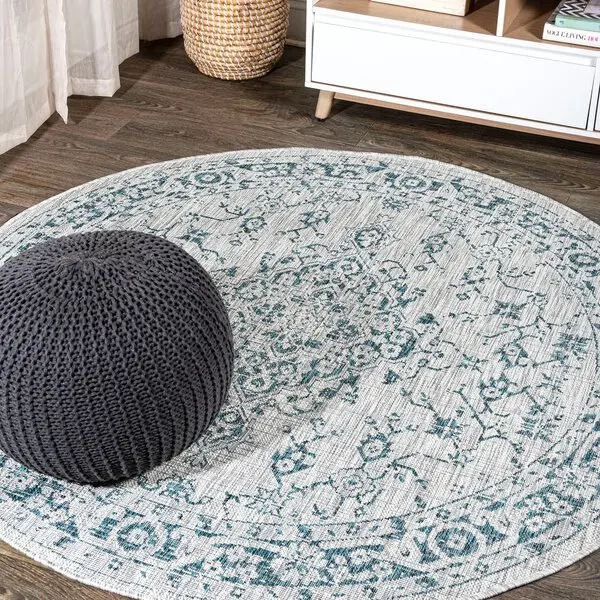 JONATHAN Y Rozetta Boho Medallion Textured Weave Indoor/outdoor Round Area Rug - Gray/teal