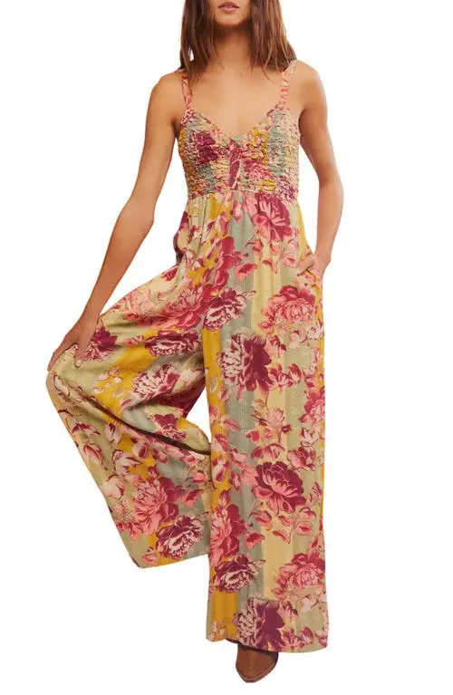 Free People Melrose Smocked Wide Leg Jumpsuit - Warm Combo