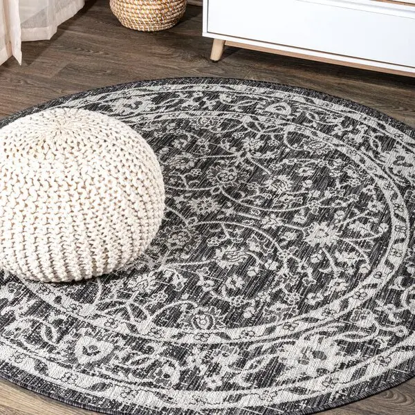 JONATHAN Y Palazzo Vine And Border Textured Weave Indoor/outdoor Round Area Rug - Black/gray