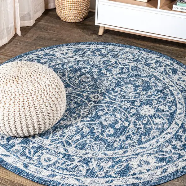 JONATHAN Y Palazzo Vine And Border Textured Weave Indoor/outdoor Round Area Rug - Navy/gray