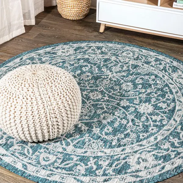 JONATHAN Y Palazzo Vine And Border Textured Weave Indoor/outdoor Round Area Rug - Teal/gray