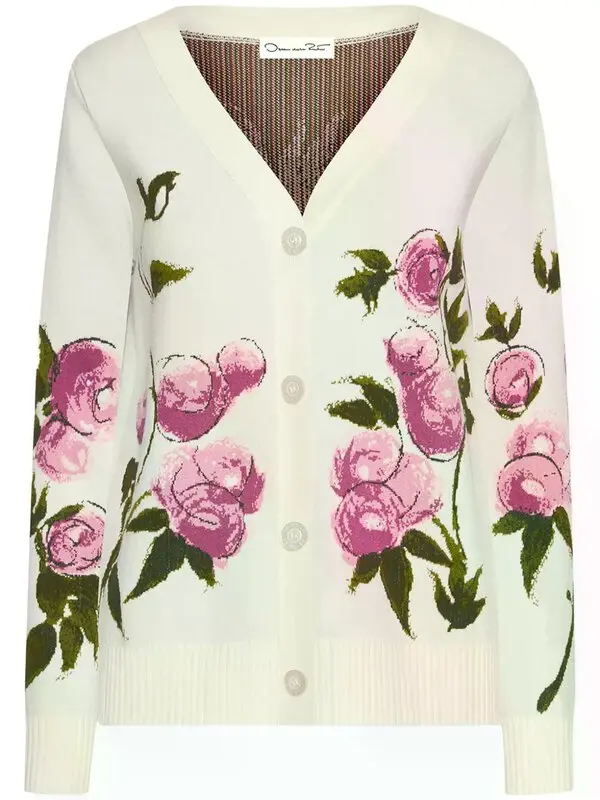 Oscar De La Renta Painted Roses Cardigan - White