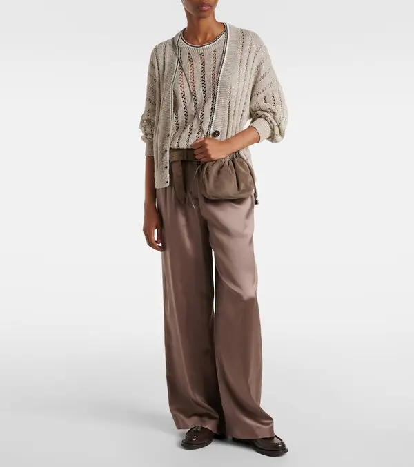 Brunello Cucinelli Silk-blend Wide-leg Pants - Brown
