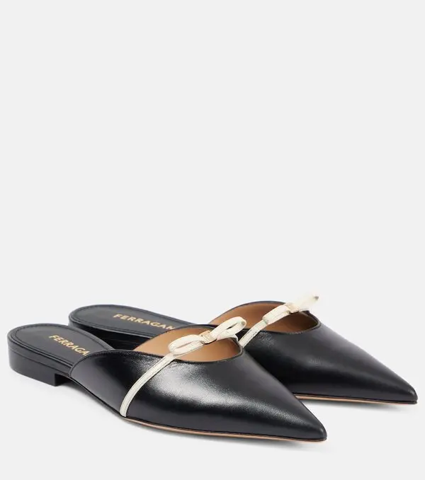 FERRAGAMO Bow-detail Leather Mules - Black