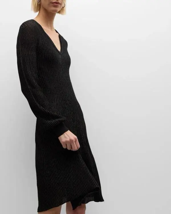 Emporio Armani Metallic Ribbed A-line Midi Dress - Black