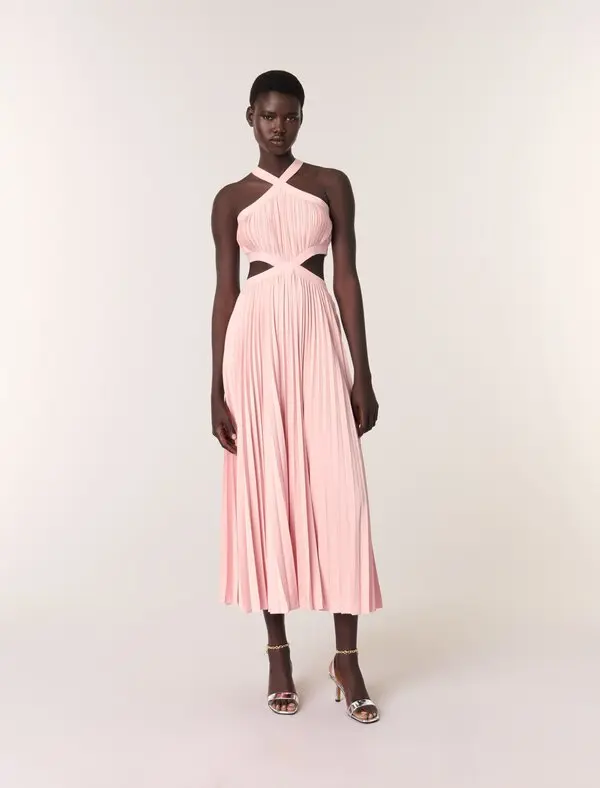 Maje Pleated Maxi Dress With Criss-cross Neckline And Open Back