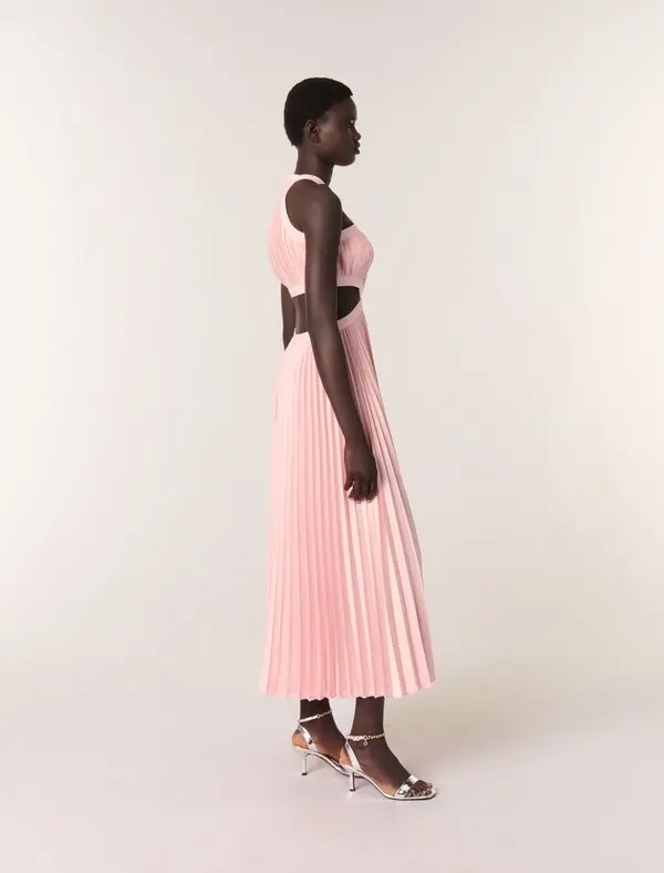 Maje Pleated Maxi Dress With Criss-cross Neckline And Open Back