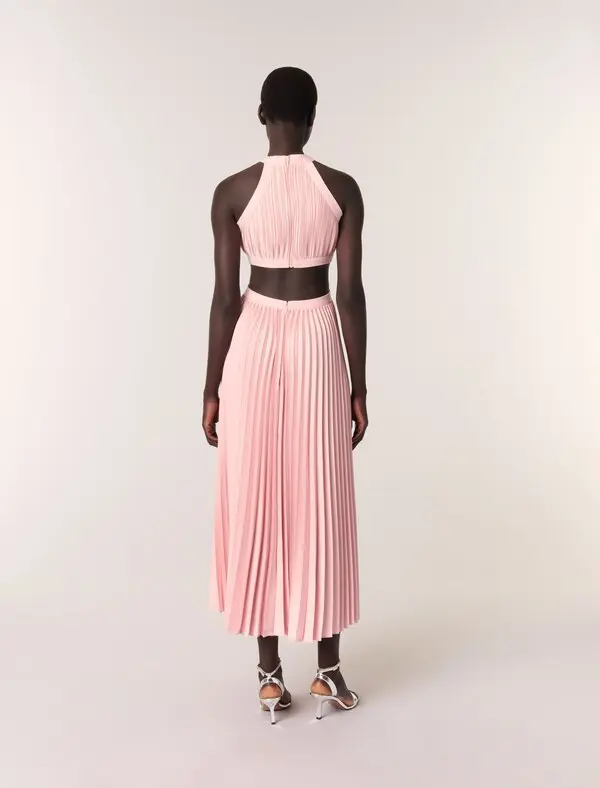 Maje Pleated Maxi Dress With Criss-cross Neckline And Open Back