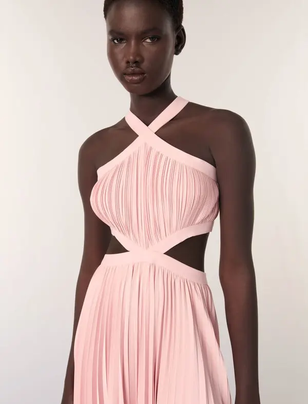 Maje Pleated Maxi Dress With Criss-cross Neckline And Open Back