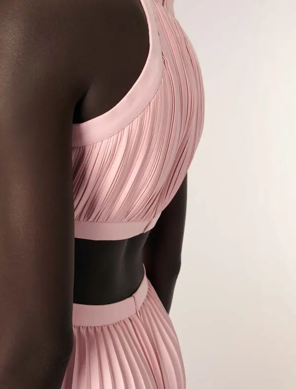 Maje Pleated Maxi Dress With Criss-cross Neckline And Open Back