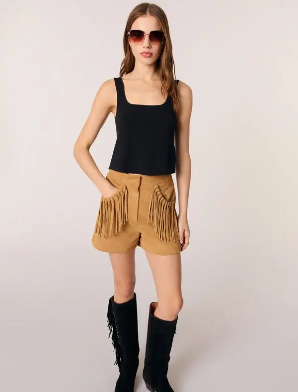Maje Fringed Leather Shorts