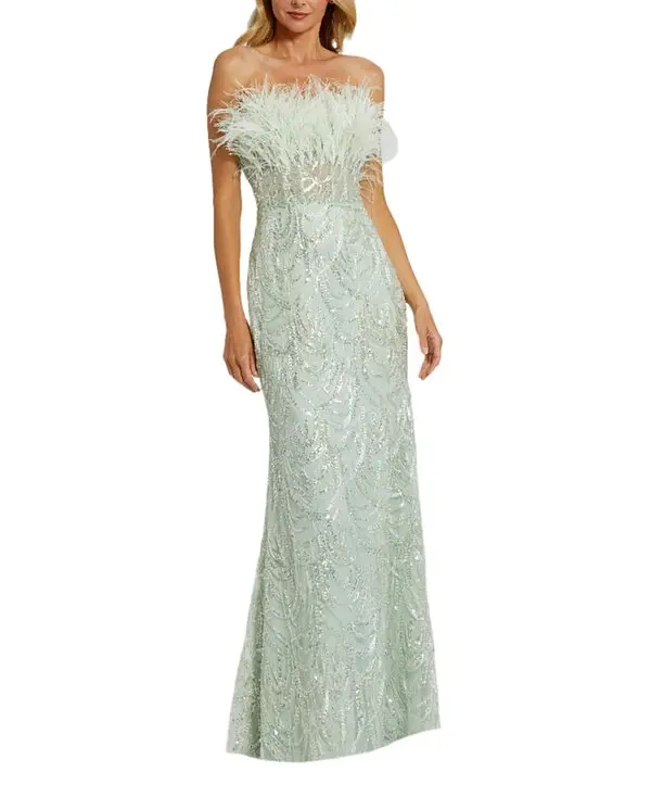 Mac Duggal Strapless Feather Bustier Gown With Embroidery