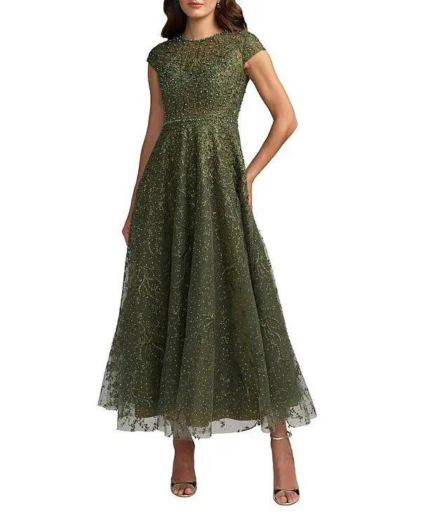 Mac Duggal Embellished High Neck Cap Sleeve A-line Dress - Olive