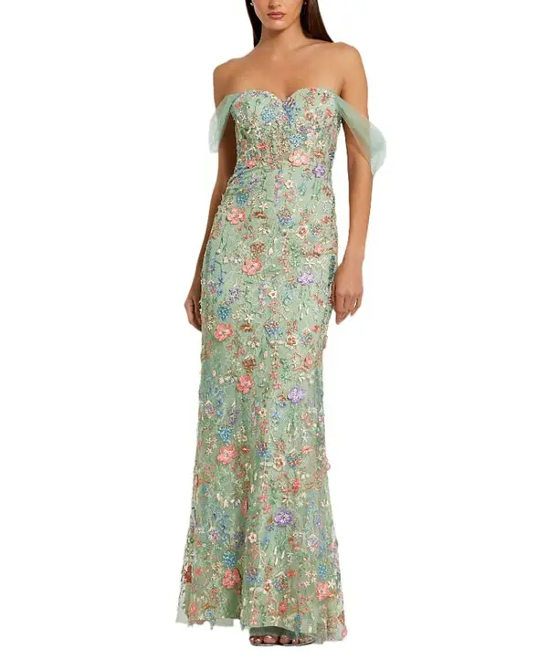 Mac Duggal Off-the-shoulder Bustier Embroidered Net Gown