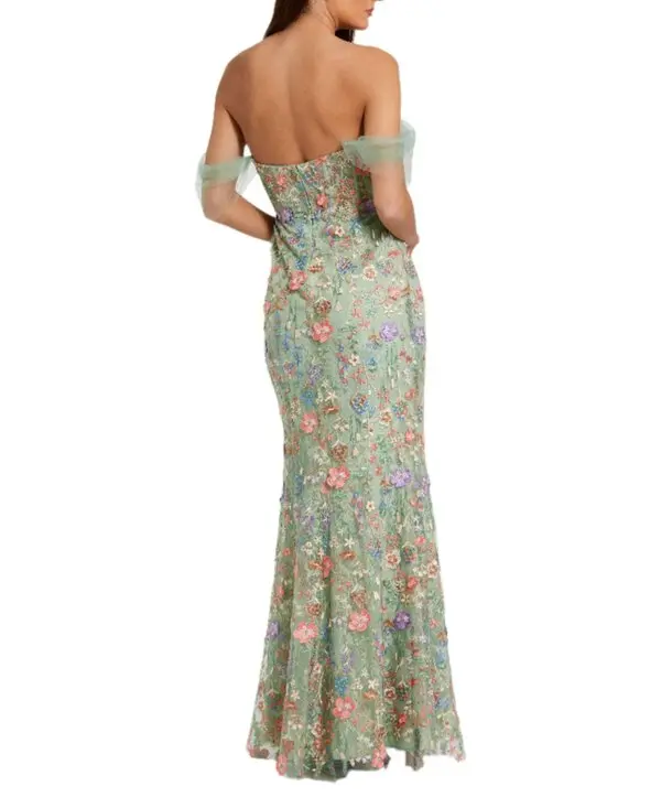 Mac Duggal Off-the-shoulder Bustier Embroidered Net Gown