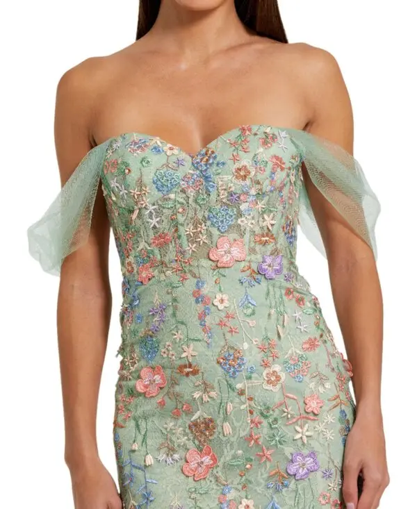 Mac Duggal Off-the-shoulder Bustier Embroidered Net Gown