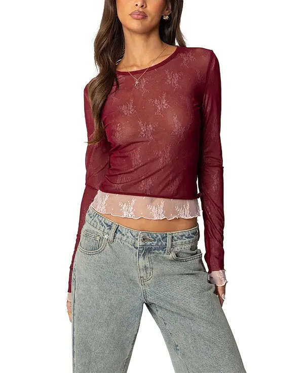 EDIKTED Lacey Sheer Mesh Crew Neck Top