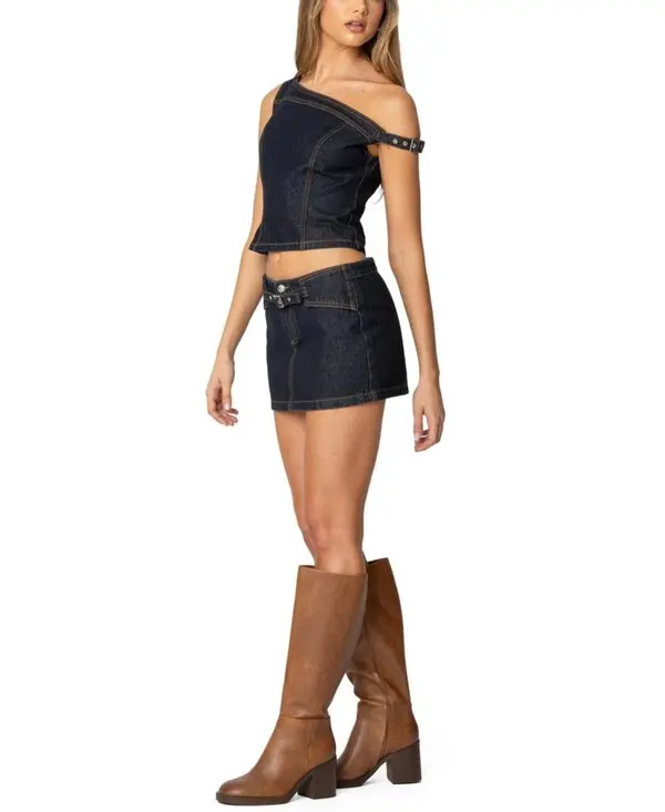EDIKTED Keira Buckled Denim Mini Skirt - Dark Blue