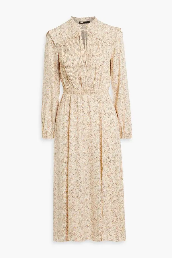 Maje Pintucked Floral-print Crepe Midi Dress