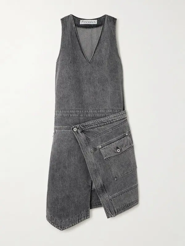 JW Anderson Asymmetric Wrap-effect Denim Midi Dress - Gray