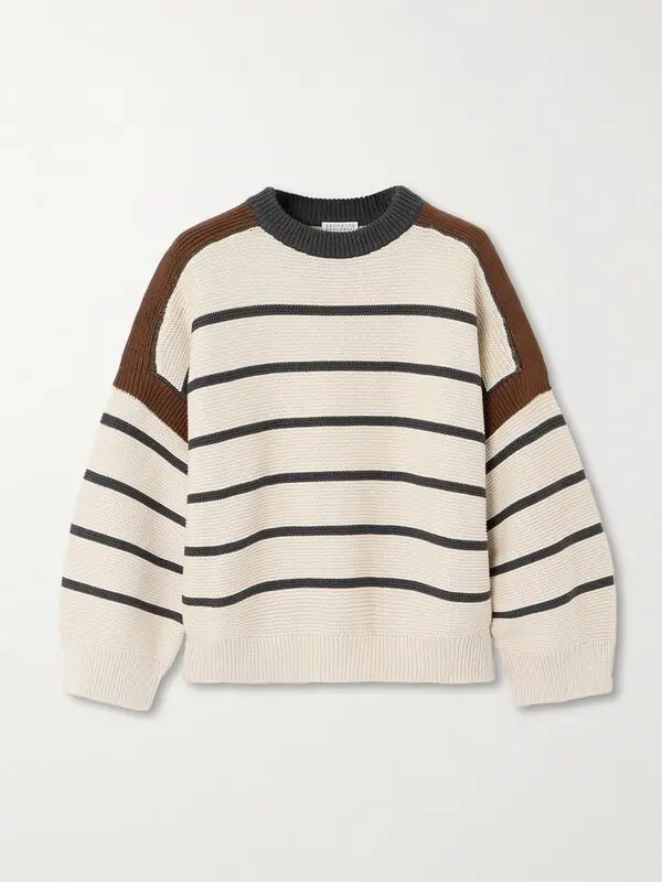 Brunello Cucinelli Bead-embellished Striped Cotton Sweater - Neutrals