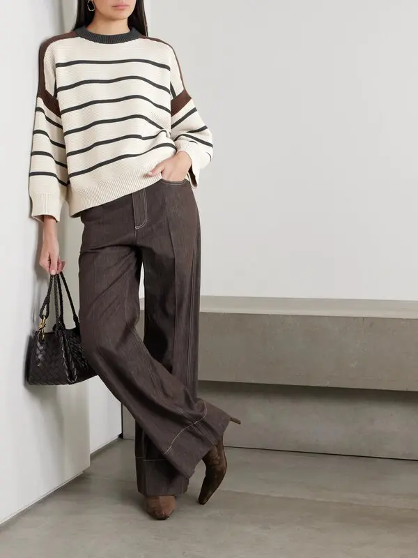 Brunello Cucinelli Bead-embellished Striped Cotton Sweater - Neutrals