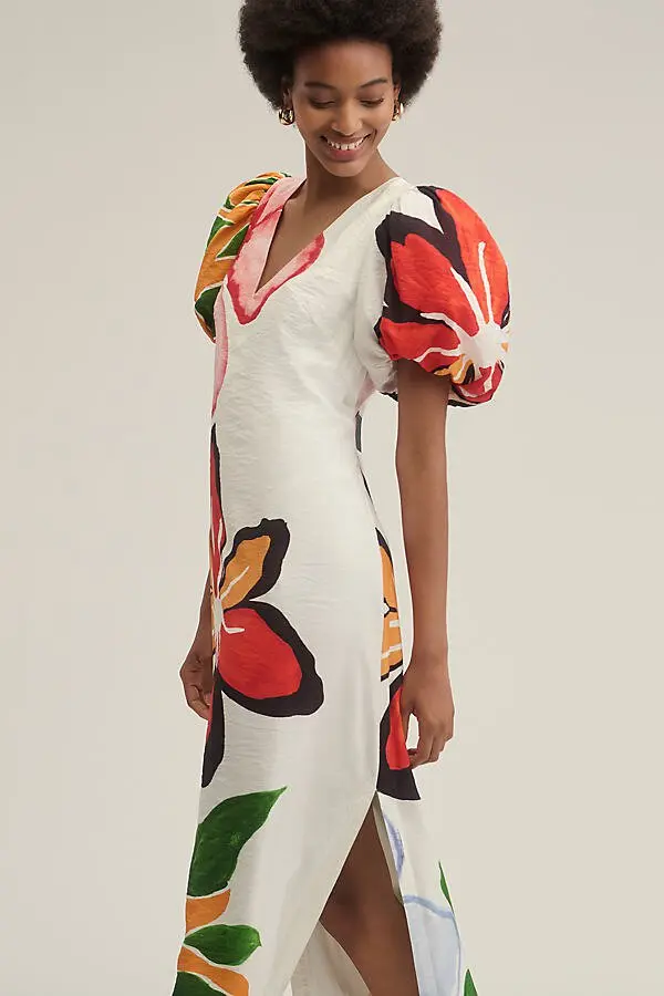 red a line v neck prom dress Tiered Puff-Sleeve Maxi Dress