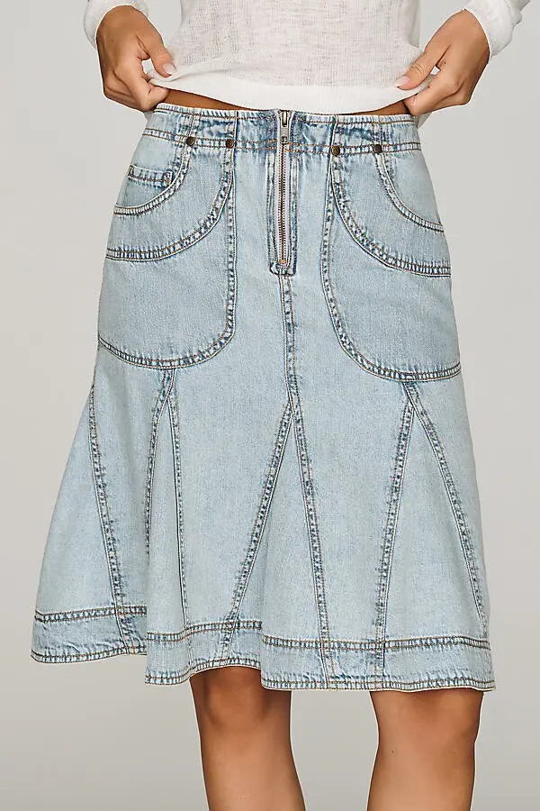 PILCRO Wona Fluted Denim Knee-length Skirt - Light Denim