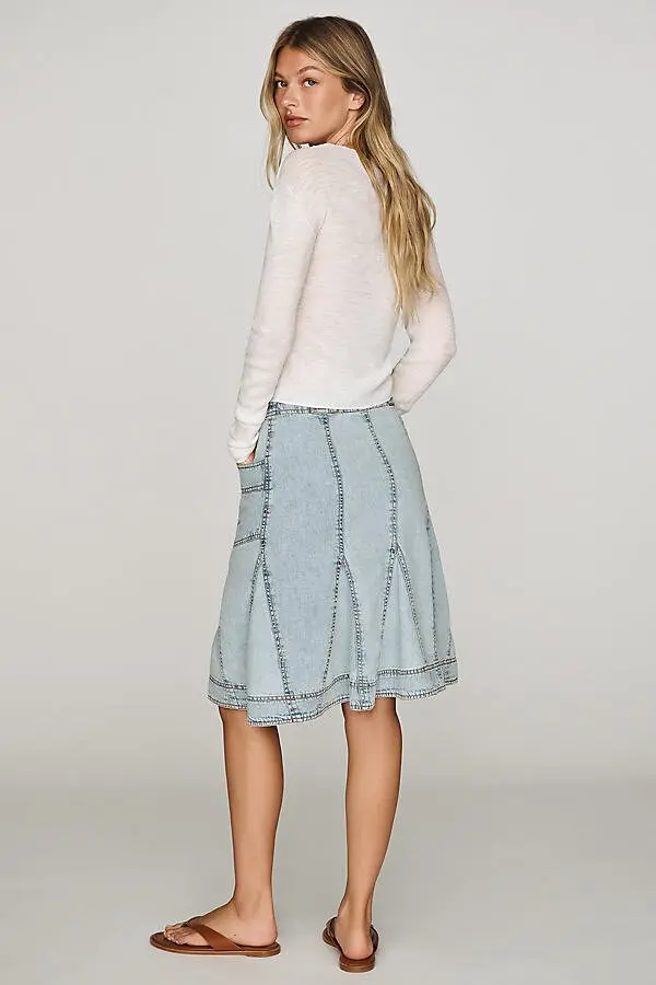 PILCRO Wona Fluted Denim Knee-length Skirt - Light Denim