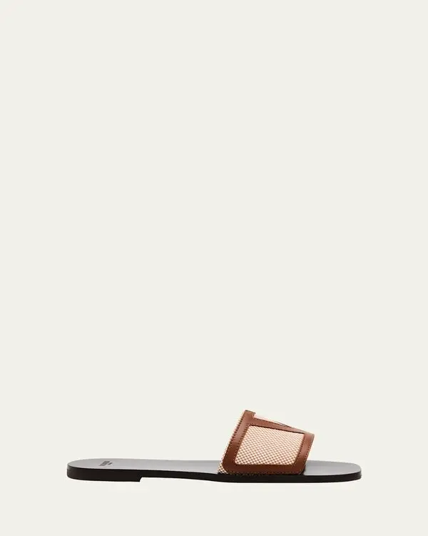 Valentino Garavani Viva Vlogo Canvas Flat Slide Sandals - Naturale/tobacco
